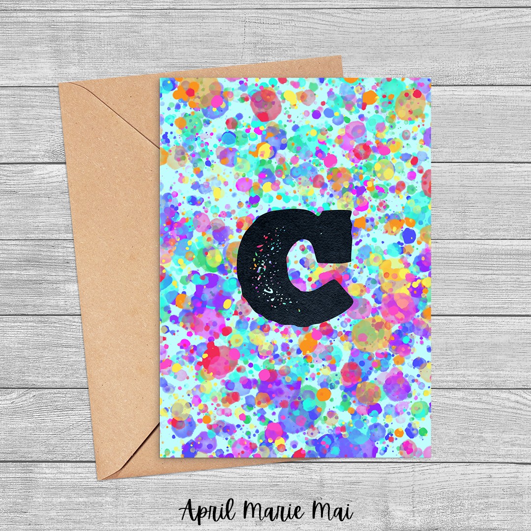 Letter C Monogram Rainbow Paint Splatter Printable Greeting Card - Luna Anemone