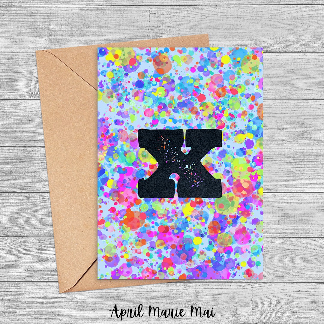 X Monogram Letter Rainbow Paint Splatter Printable Greeting Card - Luna Anemone