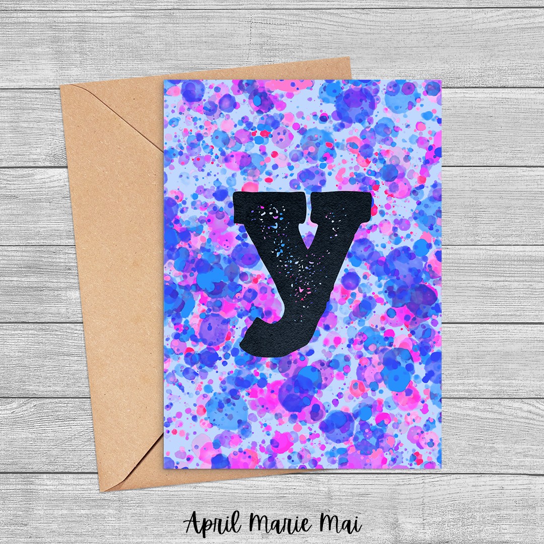 Y Monogram Letter Paint Splatter Printable Greeting Card in Purple, Blue & Pink - Luna Anemone