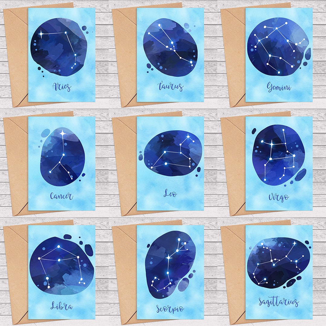 Zodiac Sign Watercolor Printable Greeting Card Bundle - Luna Anemone