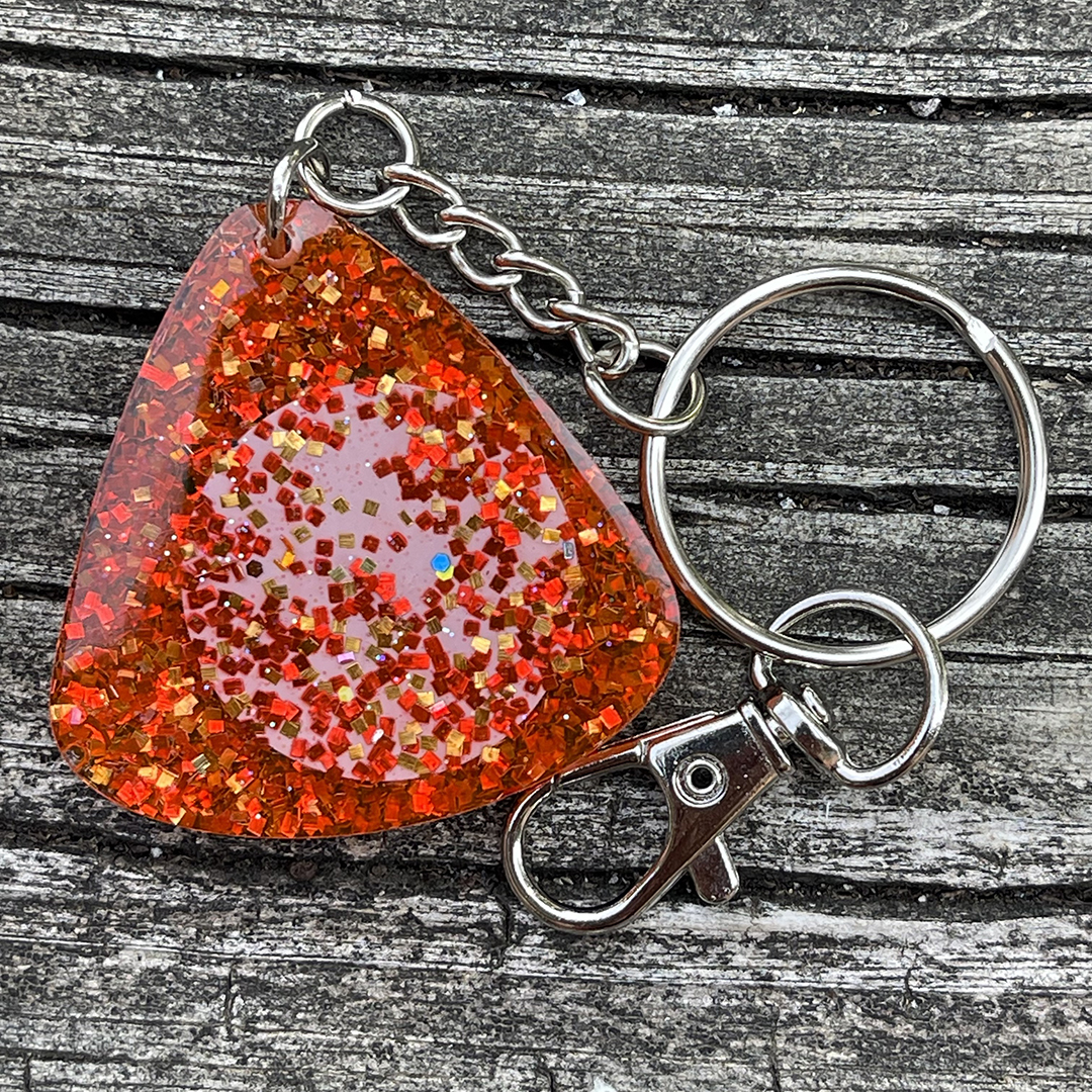 Red and Gold Glitter Rounded Triangle Digital Business Card NFC Tag Keychain Clip - Luna Anemone