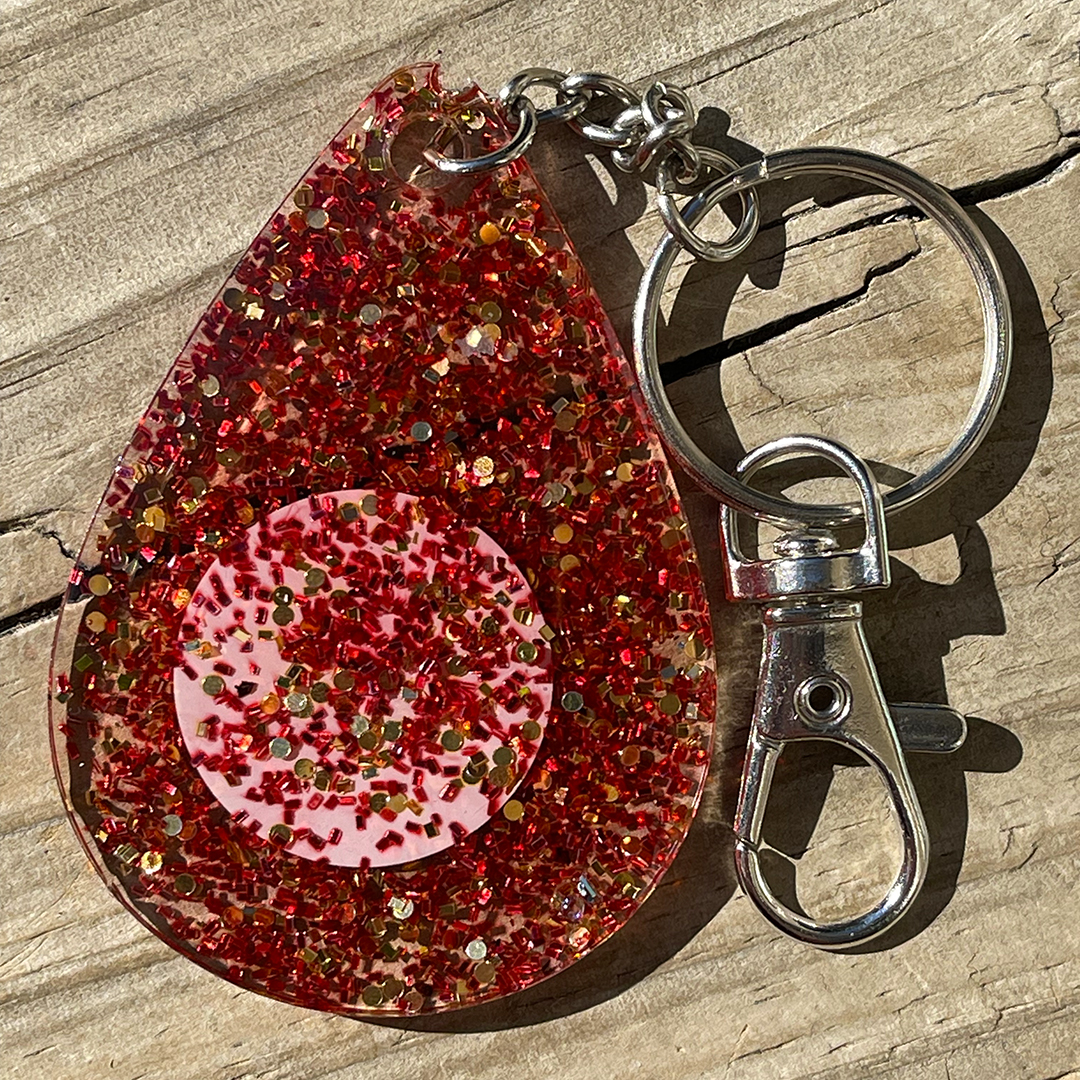 Red and Gold Glitter Teardrop Digital Business Card NFC Tag Keychain Clip - Luna Anemone