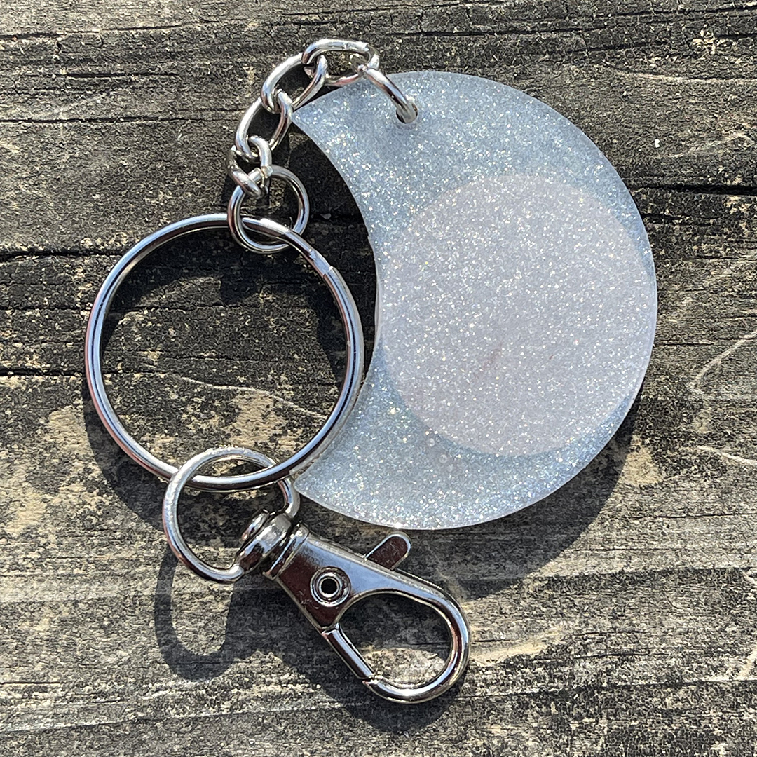 Silver Mica Crescent Moon Digital Business Card NFC Tag Keychain Clip - Luna Anemone