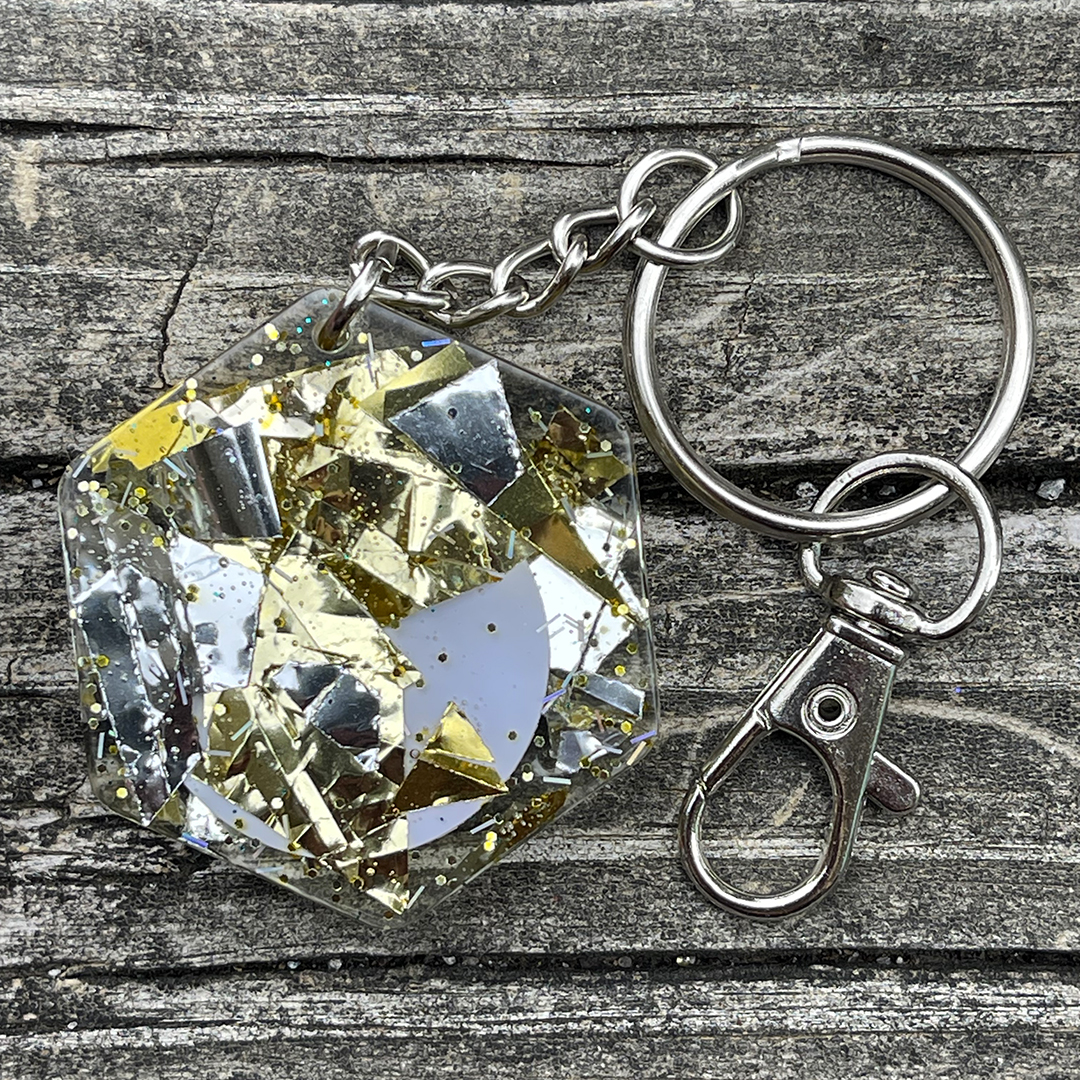 Silver and Gold Confetti Hexagon Digital Business Card NFC Tag Keychain Clip - Luna Anemone